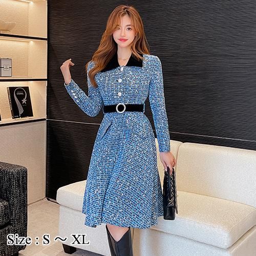 【グラシア】 キャバ ドレス キャバドレス ワンピース ミディアムドレス ハイウエスト ウエストマーク トレンド Aライン シルエット ビジュー ボディライン レトロ 高級感 ブルー S M L XL