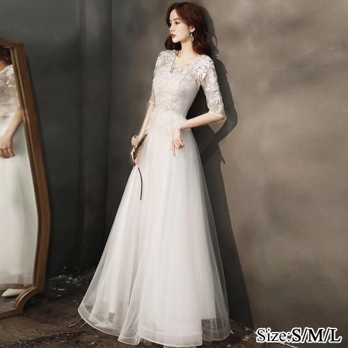 【グラシア】 キャバ ドレス キャバドレス ワンピース パーティードレス Aライン チュール フェミニン ロング 刺繍 華やか 繊細 フラワー 透け感 爽やか ホワイト S M L