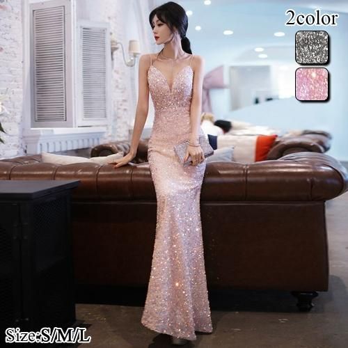 【グラシア】 キャバ ドレス キャバドレス ワンピース パーティードレス ストラップ スパンコール フレア マルチカラー ロング 胸元 大人 ピンク グレー S M L