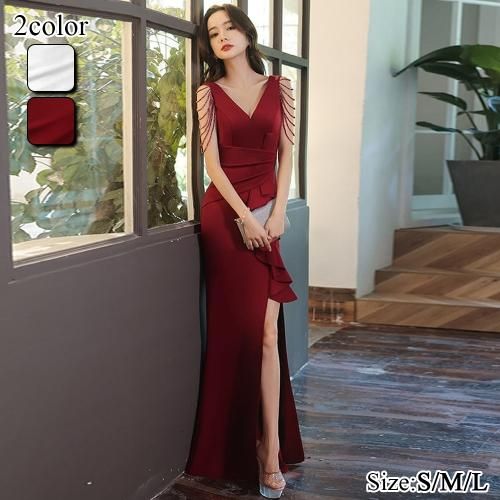 【グラシア】 キャバ ドレス キャバドレス ワンピース パーティードレス シンプル ストラップ スリット 肌魅せ 高級感 しっかり 華やか 大人 ドレープ レッド ホワイト S M L