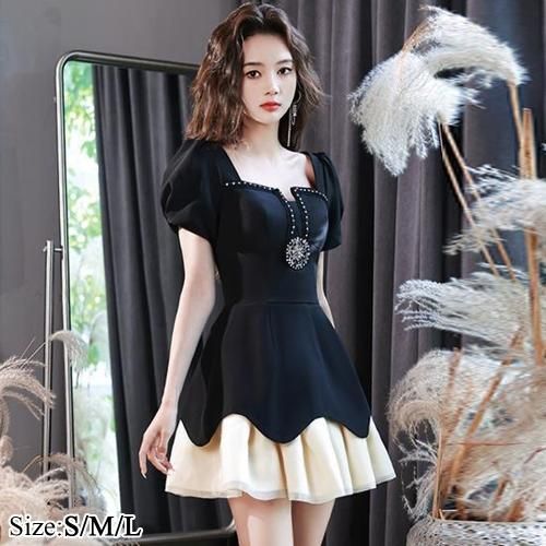 【グラシア】 キャバ ドレス キャバドレス ワンピース パーティードレス スクエアネック キュート シルエット デコルテ ビジュー ふんわり メリハリ 可愛い 華やか 大人 肌見せ パフスリーブ バラ 魅せる ブラック S M L