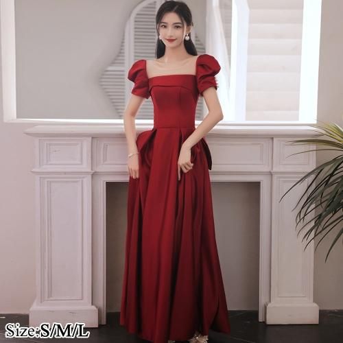 【グラシア】 キャバ ドレス キャバドレス ワンピース パーティードレス ハイウエスト Aライン シルエット ふんわり パール リボン 華やか パフスリーブ レッド S M L