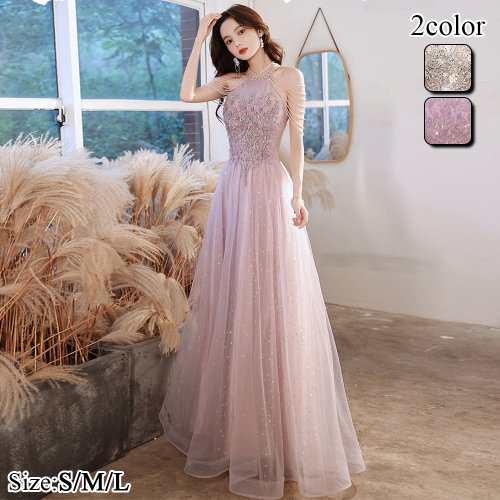 【グラシア】 キャバ ドレス キャバドレス ワンピース パーティードレス キュート シック スパンコール ホルターネック ラグジュアリー 花柄 刺繍 ピンク ベージュ S M L