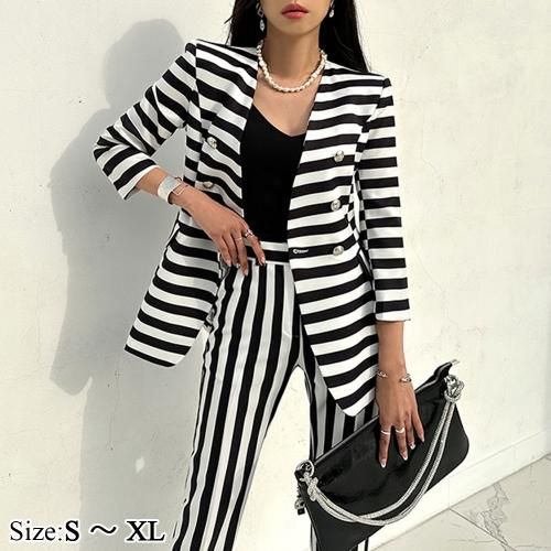 【グラシア】 キャバ スーツ キャバスーツ フォーマルオールインワン・スーツ クール スタイリッシュ ストライプ セットアップ バイカラー フェミニン スタイリッシュ 大人 モード ブラック×ホワイト S M L XL