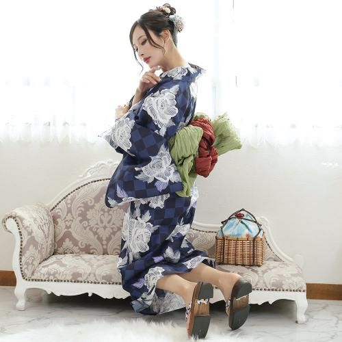 グラシア】 浴衣 兵児帯 鼻緒下駄 3点セット 市松模様に芍薬が高貴な美