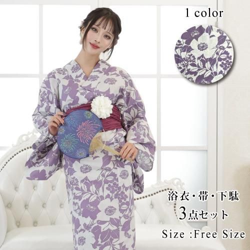 【グラシア】 浴衣 兵児帯 鼻緒下駄 3点セット はかなさが恋しい薄紫のアネモネ浴衣 パープル フリーサイズ