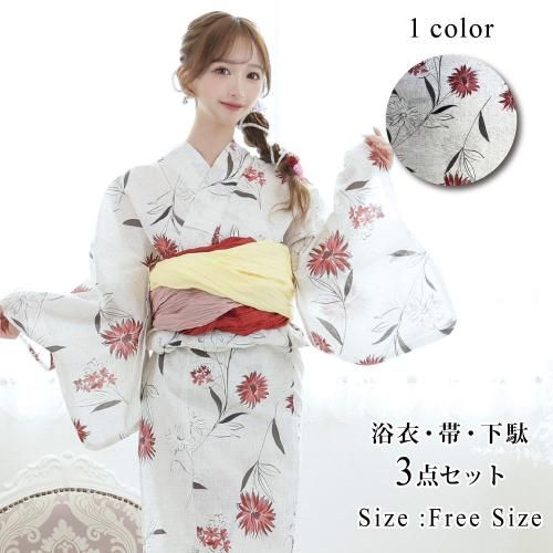 【グラシア】 浴衣 兵児帯 鼻緒下駄 3点セット 大和なでしこの純粋を纏う上品な撫子柄浴衣 グレージュ フリーサイズ