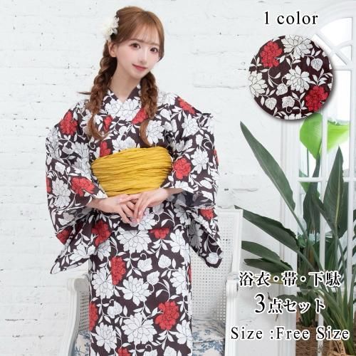 【グラシア】 浴衣 兵児帯 鼻緒下駄 3点セット こげ茶生地に赤い芍薬が幻想的に咲いた浴衣 レッド フリーサイズ