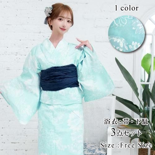 【グラシア】 浴衣 兵児帯 鼻緒下駄 3点セット 大ぶりの芍薬の花が柔らかな色合いに咲いた浴衣 ミントグリーン フリーサイズ