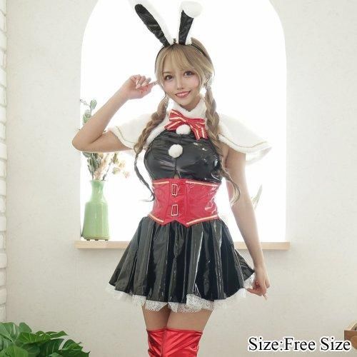 【グラシア】 コスプレ 衣装 コスチューム 仮装 セクシー キュート コス サンタガール エナメル コルセット レースアップ 個性的 ニーハイ レース ブラック フリーサイズ