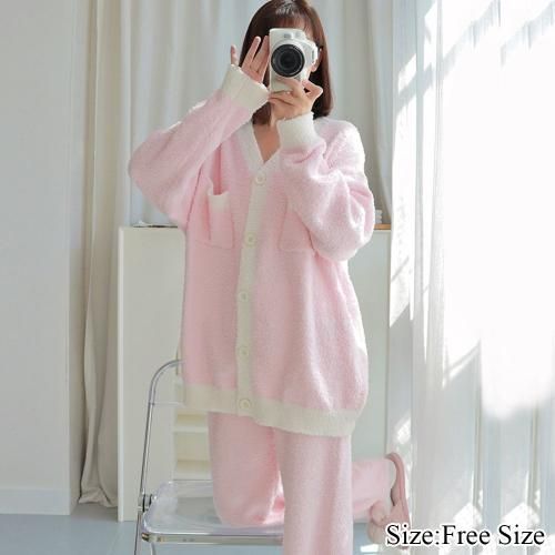 【グラシア】 ルームウェア モコモコ パジャマ 部屋着 カラーリング フェミニン ふんわり ストレスフリー ポケット付き ロング 快適 胸元 パステルピンク フリーサイズ