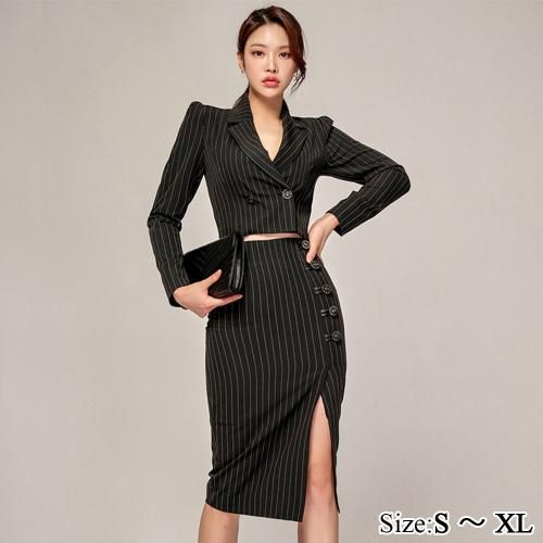 キャバ ドレス キャバドレス ワンピース ミディアムドレス ハイウエスト クール ストライプ スリット セットアップ 肌魅せ 魅せる ブラック S M L XL