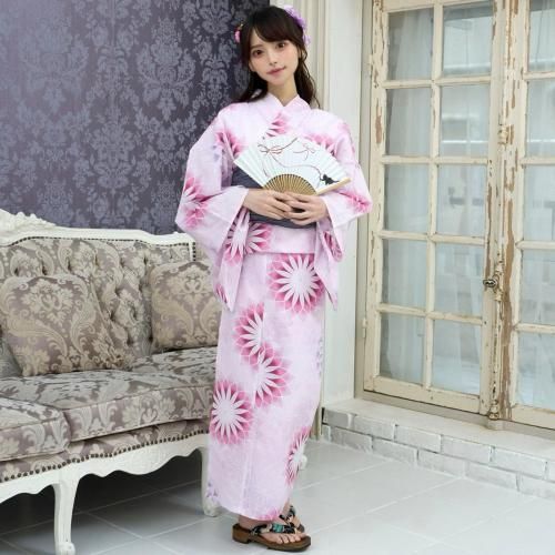 華やかなピンクの幾何学花模様の浴衣3点セット(YUKATA)