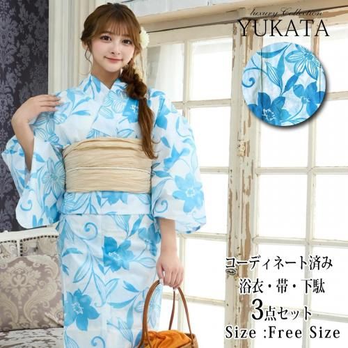 清々しい白の地に水彩画のようなブルーの花々が連なる浴衣3点セット(YUKATA)