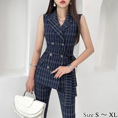 キャバ スーツ キャバスーツ フォーマルオールインワン・スーツ ノースリーブ カジュアル シルエット シンプル セットアップ フェミニン リボン チェック ネイビー S M L XL