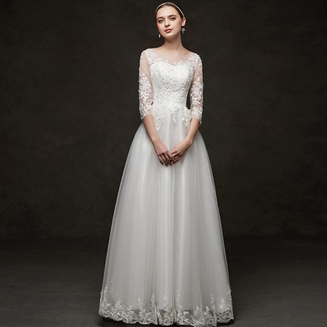 【大特価】ウエディングドレス Aライン 7分袖 ロングドレス 花嫁 結婚式ドレス 二次会 披露宴 挙式 ブライダルドレス 撮影 編み上げ エレガント