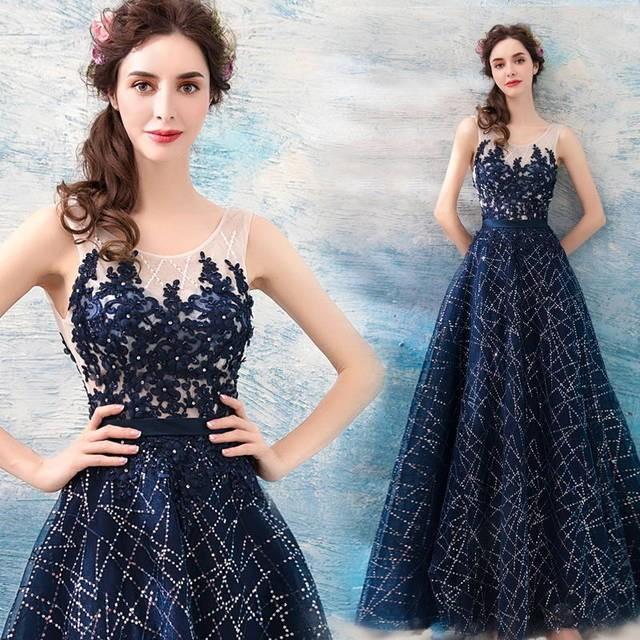 ロングドレス 30代 40代 50代 パーティードレス ノースリーブ Aライン 紺色 ネイビー ドレス ロング丈演奏会 発表会 イブニングドレス