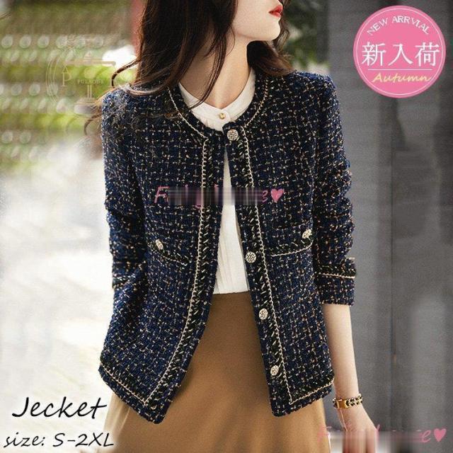 【大特価】ツイードジャケット レディース 40代 長袖ノーカラージャケット チェック柄 ショット丈ツイードコート 春コートアウター 秋服 大人韓国風 通勤OL