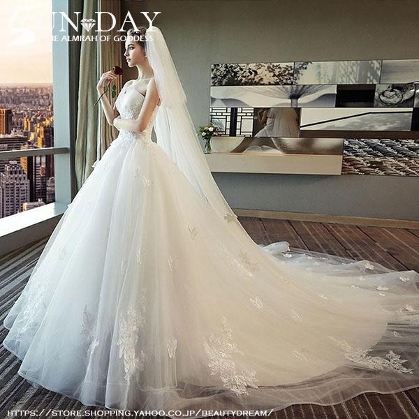 【大特価】ウェディングドレス ウェディングドレス白 パーティードレス エンパイア/トレーン 花嫁ロングドレス 結婚式 二次会 ビスチェタイプ レース お呼ばれ