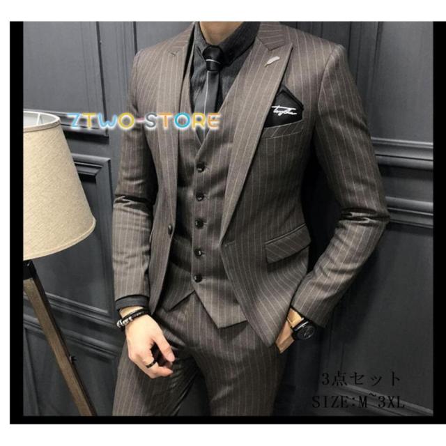 ストライプ 新作 メンズスーツ 3点セットスーツ カッコイイ 1つボタンスーツ フォーマルスーツ 結婚式 二次会 成人式 卒業式 就職活 ビジネススーツ 披露宴