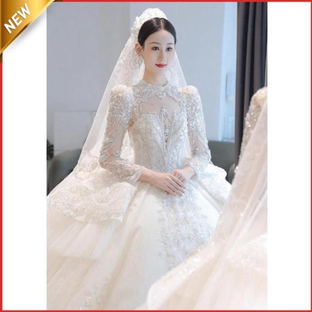 ウェディングドレス 白 長袖 立ち襟 トレーンドレス 結婚式ドレス 二次会ドレス スパンコール キラキラ 素敵 花嫁ドレス ロングドレス 袖あり