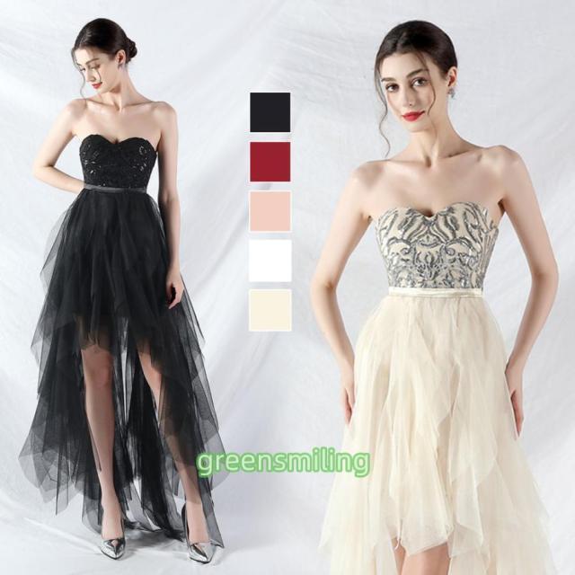 カラードレス フィッシュテールドレス ビスチェ 前短後長ドレス ベアトップ ミニドレス チュール ウェディングドレス 結婚式 二次会 発表会 パーティードレス