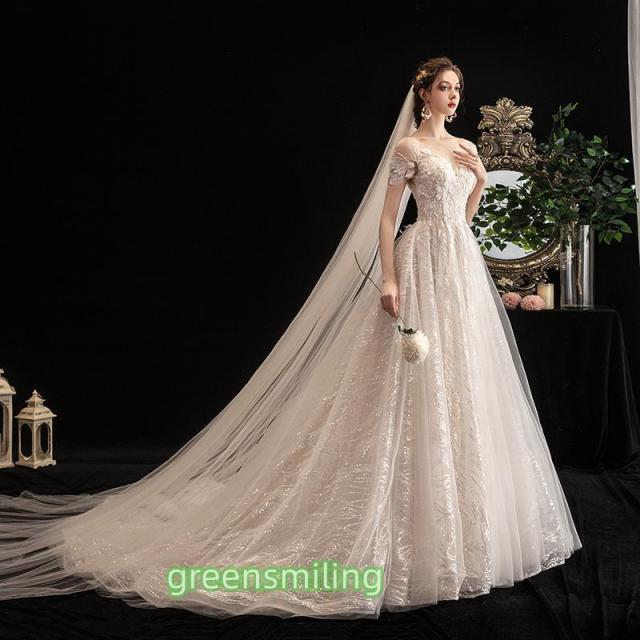 ウェディングドレス 二次会 結婚式 披露宴 ブライダル ロングドレス 花嫁 ウエディングドレス Aラインドレス オフホワイト 編み上げ トレーン ビーズ