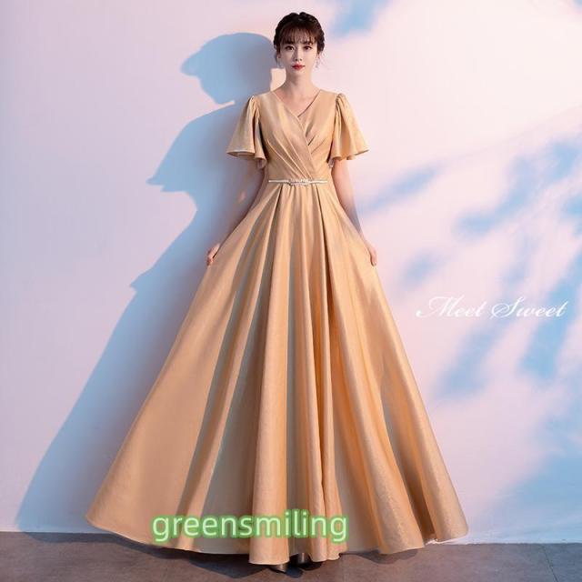 カラードレス ロングドレス イー ゴールド 半袖 演奏会 発表会 コンサート コンクール コーラス オーケストラ 合唱衣装 大人 ステージドレス 大きいサイズ