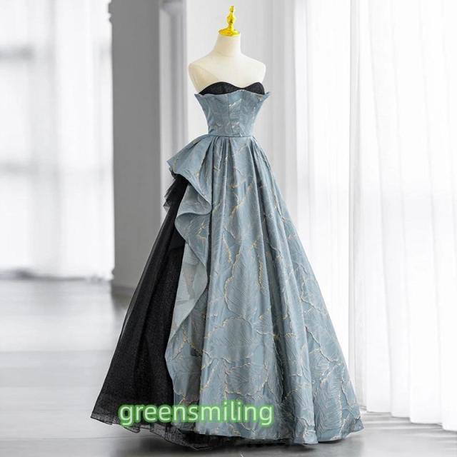 カラードレス ブルー シャンパン ロングドレス 演奏会 イブニングドレス プリンセス ウェディングドレス 前撮り 発表会 コンサート 結婚式 成人式 ベアトップ