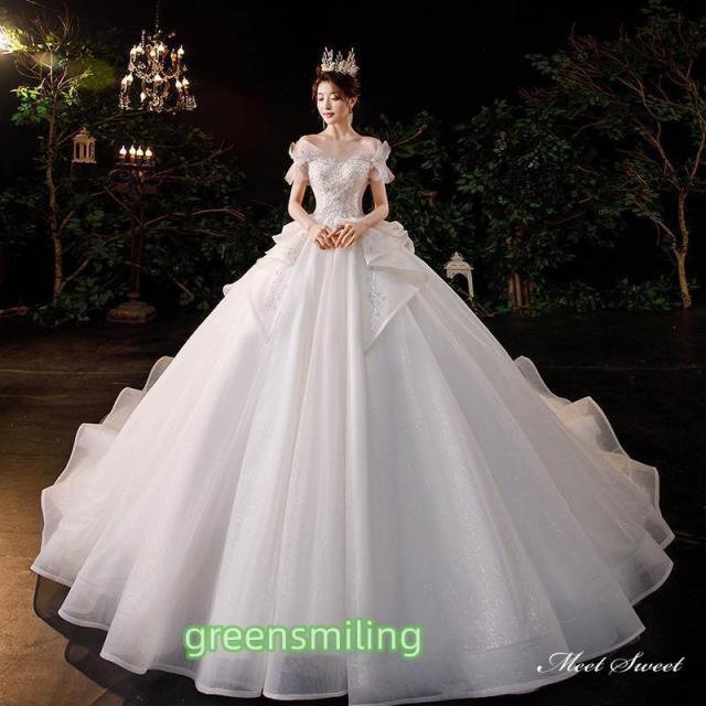 ウェディングドレス ロングドレス プリンセスラインドレス オフショルダー 二次会 結婚式 前撮り 花嫁 ウエディングドレス チュール 挙式 ブライダル