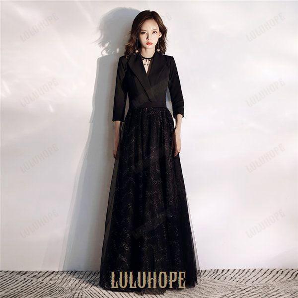 ロングドレス 演奏会 ドレス 大人 ピアノ 発表会 結婚式 母親 パーティードレス 黒 ブラック ワンピース お呼ばれ ドレス 小さいサイズ 二