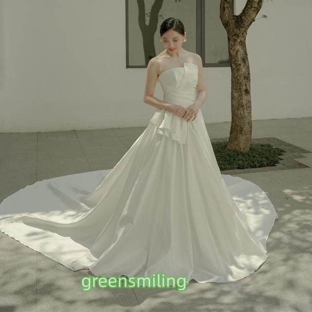 ウェディングドレス 二次会 結婚式 Aラインドレス サテン トレーン ベアトップ ブライダル ロングドレス 前撮り 挙式 花嫁 ウエディングドレス ビスチェ