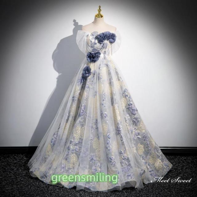 カラードレス 2Way ロングドレス パーティードレス イー 花柄 青 ウェディングドレス ウエディングドレス 結婚式 二次会 花嫁 前撮り 演奏会 発表会