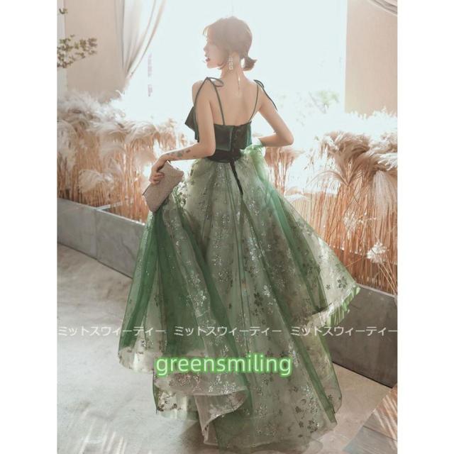 カラードレス ロングドレス 演奏会 Aラインドレス 発表会 パーティドレス 珍しい色 グリーン 緑 二次会 成人式 卒業式 キャミソール ラメ イブニングドレス 上品