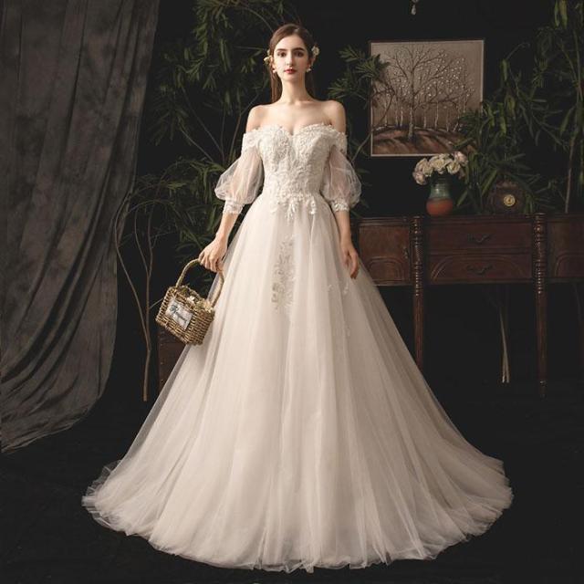 ウェディングドレス aラインドレス オフホワイト ウエディングドレス 二次会 花嫁 挙式 披露宴 ブライダル 結婚式 ロングドレス オフショルダー 袖付き