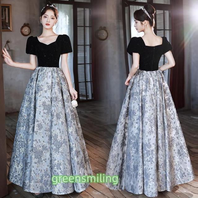 カラードレス ファスナー 花柄 パーティードレス ロングドレス 結婚式 二次会 発表会 演奏会 ウェディングドレス ウエディングドレス プリンセス Aラインドレス