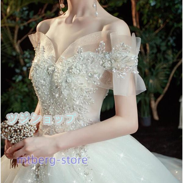 ウェディングドレス 二次会 結婚式 披露宴 ブライダル ロングドレス フレンチスリーブ 花嫁 ウエディングドレス プリンセスライン オフホワイト フリル 編み上げ