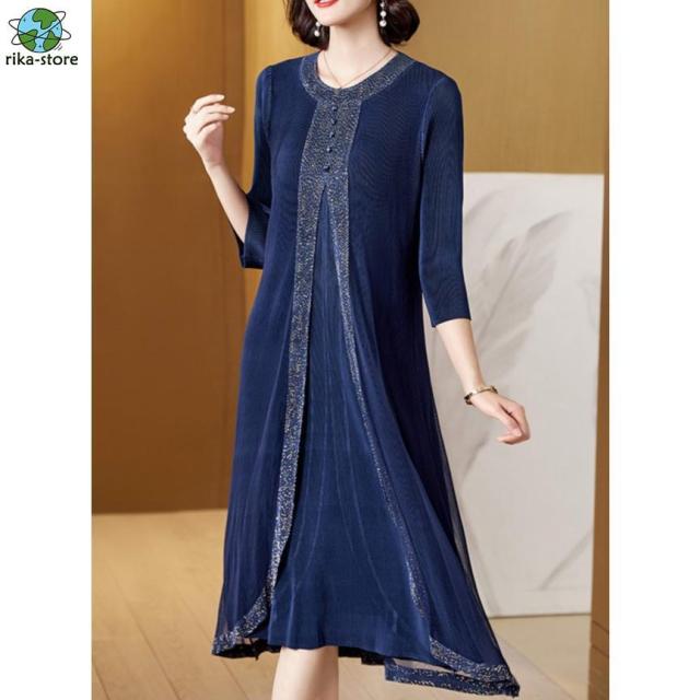 レイヤード風 ワンピース レディース パーティードレス 結婚式 お呼ばれドレス 60代 50代 40代 袖あり 長袖 フォーマルワンピース 上品 重ね着風