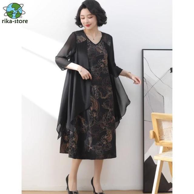 ワンピースドレス 50代 60代 パーティードレス 結婚式 お呼ばれドレス 50代 大きいサイズ 3L 袖あり 七分袖 重ね着風 ミモレワンピース ロング丈 シアー Vネック