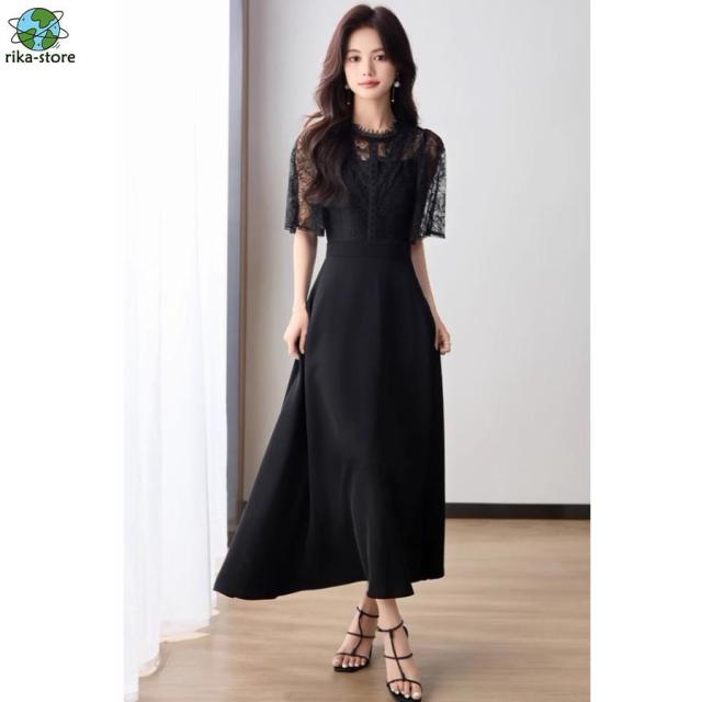 パーティードレス 結婚式 お呼ばれドレス 20代 30代 40代 Aライン ワンピースドレス ロングドレス 袖あり 大きいサイズ 3L 黒 レース シアー袖