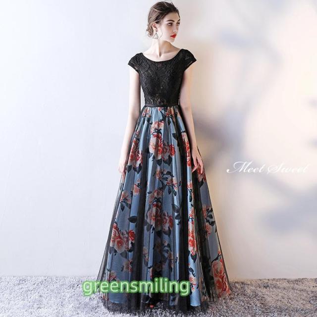 カラードレス ロングドレス ブラック 黒 花柄 半袖 編み上げ ファスナー ウェディングドレス ウエディングドレス 大人 結婚式 二次会 披露宴 花嫁 演奏会 発表会