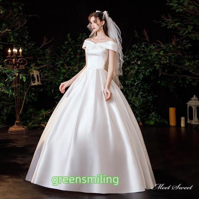 ウェディングドレス ロングドレス プリンセスラインドレス オフショルダー 二次会 結婚式 前撮り 花嫁 ウエディングドレス サテン 挙式 ブライダル