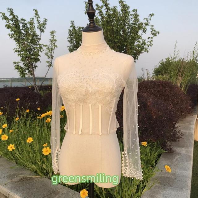 ウェディングボレロ 長袖 パール レース ブライダル 花嫁 ウェディングドレスアレンジ 肌色 結婚式 二次会 披露宴 お色直し パーティー シースルー