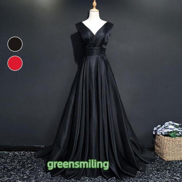 カラードレス Aラインドレス ブラック レッド 袖なし サテン ロングドレス ウェディングドレス 結婚式 二次会 花嫁 前撮り 演奏会 発表会 上品 ステージ衣装