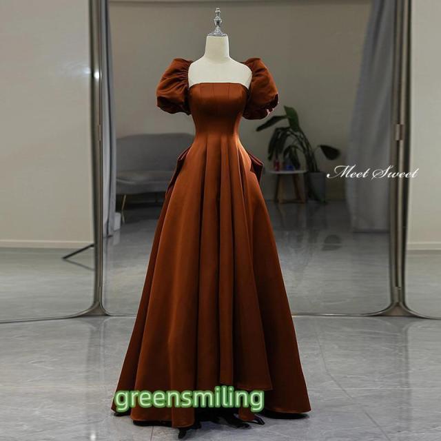 カラードレス Aラインドレス ブラウン サテン パフスリーブ リボン ロングドレス ウェディングドレス 結婚式 二次会 花嫁 前撮り 演奏会 発表会 ステージ衣装