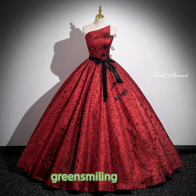 カラードレス プリンセスライン ロングドレス レッド ベアトップ リボン 花柄 ウェディングドレス 結婚式 二次会 花嫁 前撮り 演奏会 発表会 ステージ衣装