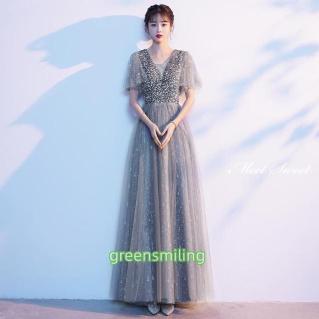 カラードレス ロングドレス 演奏会ドレス グレー ベルスリーブ 発表会 コンサート コンクール 舞台ドレス コーラス 合唱衣装 大人 ステージドレス 大きいサイズ