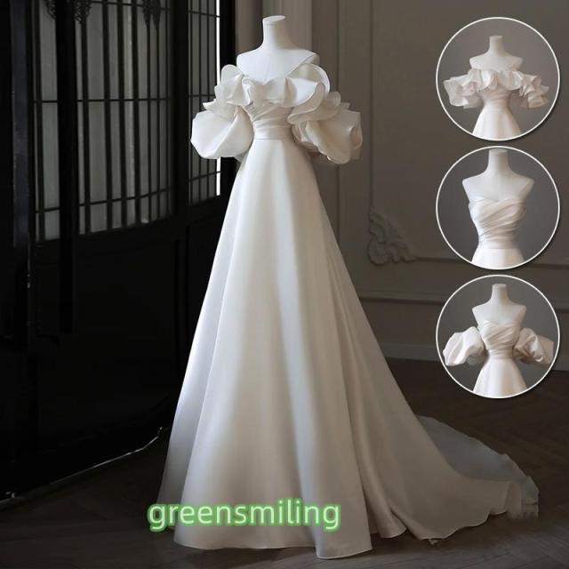 4way ウェディングドレス ウエディングドレス 付け袖 二次会 結婚式 披露宴 前撮り 袖あり ロングドレス 花嫁 Aラインドレス サテン ビスチェ オフショルダー