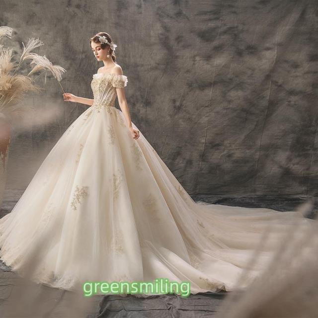 ウェディングドレス シャンパン 二次会 結婚式 披露宴 ブライダル ロングドレス オフショルダー 花嫁 ウエディングドレス プリンセスライン 編み上げ ゴールド