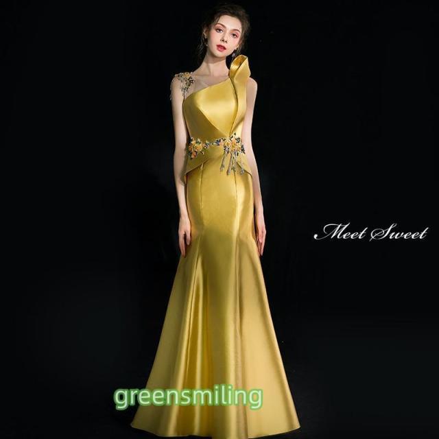 カラードレス ロングドレス マーメイドドレス ゴールド イー 黄色 ノースリーブ ウェディングドレス ウエディングドレス 結婚式 二次会 花嫁 演奏会 発表会